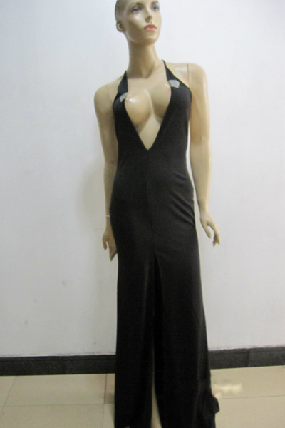 Cheap Sexy V Neck Spaghetti Strap Sleeveless Backless Front Split Black