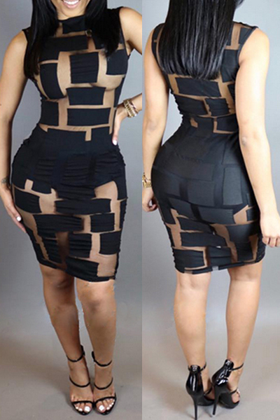 Sexy Sheath Dress Round Neck Sleeveless Mesh Splicing Black Polyester